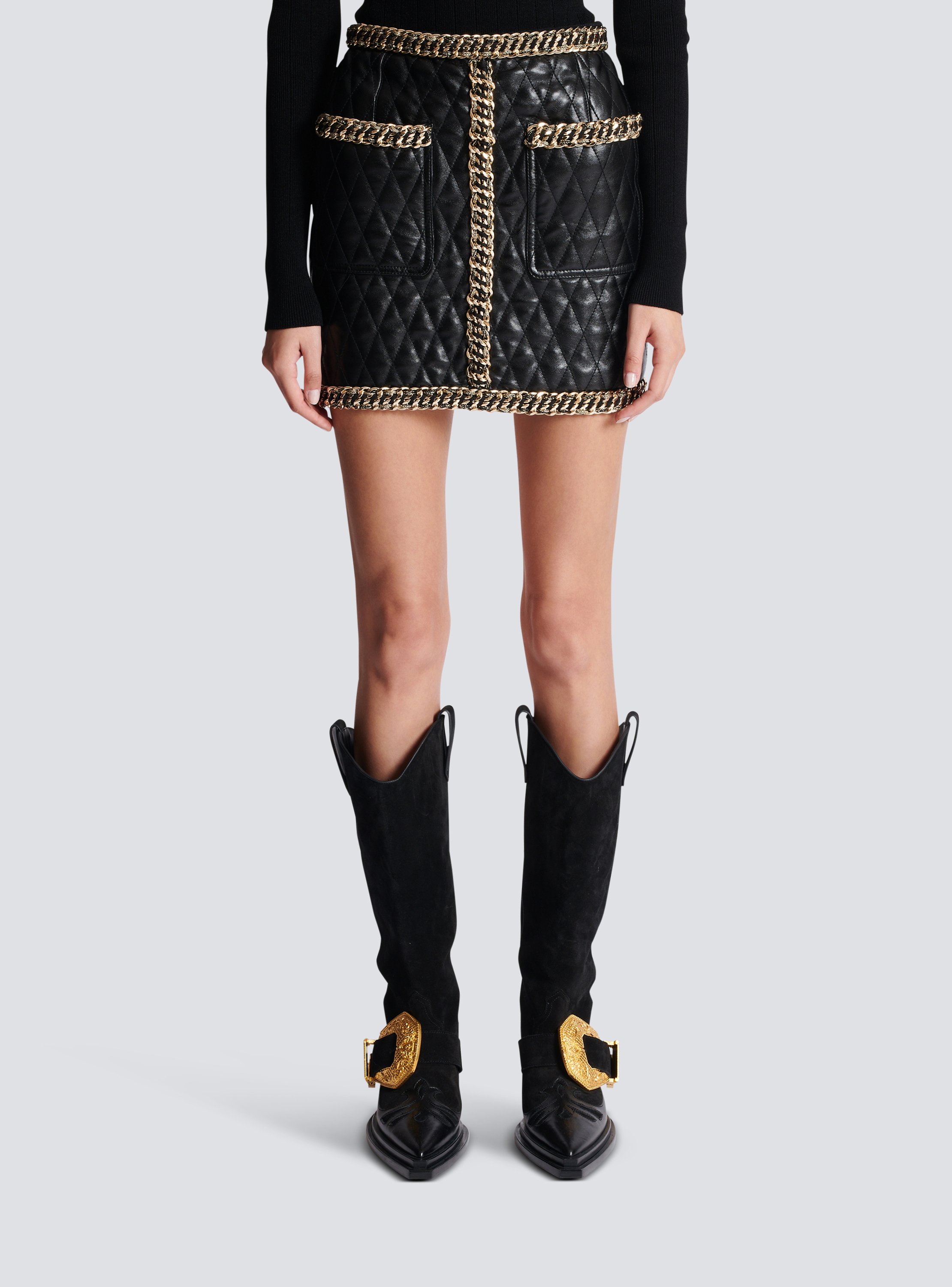 JUPE EN CUIR MATELASSé ET CHAîNES - BALMAIN pour FEMME | Printemps.com