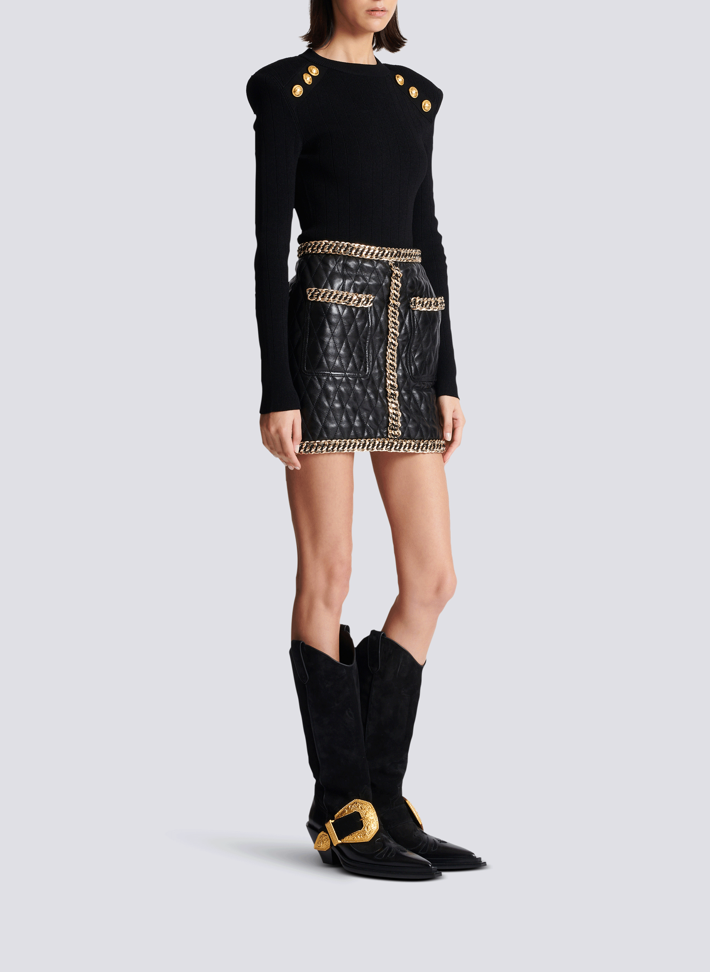 JUPE EN CUIR MATELASSé ET CHAîNES - BALMAIN pour FEMME | Printemps.com