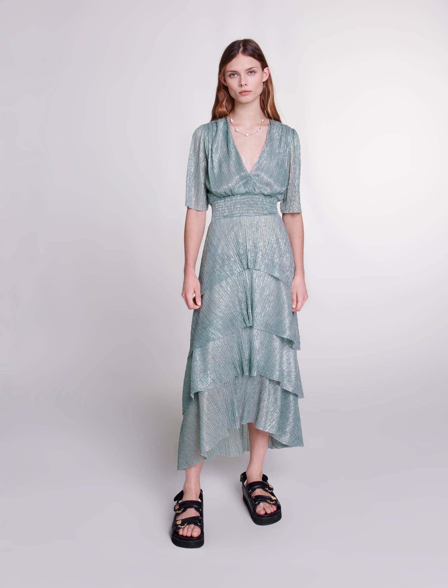 ROBE MIDI CINTRéE ET PLISSéE COL V à VOLANTS - MAJE pour FEMME ...